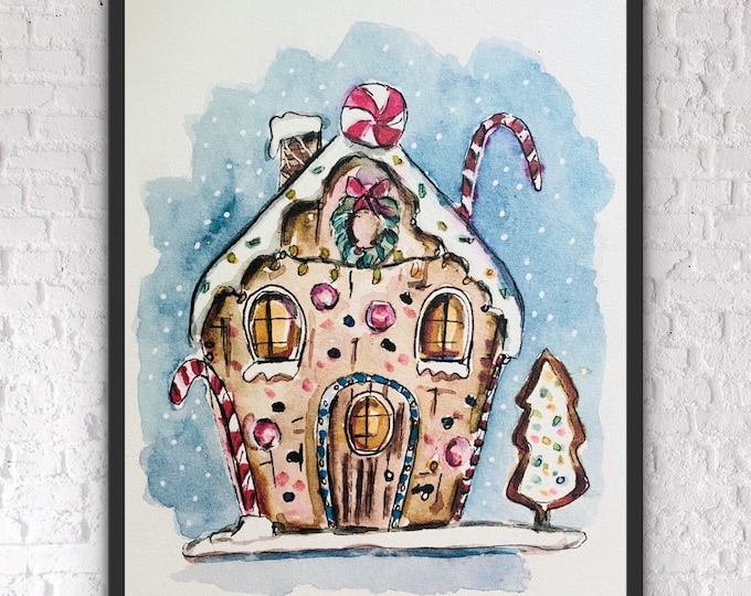 Gingerbread House Watercolour Illustration, Cute Cookie Winter Wall Art ...