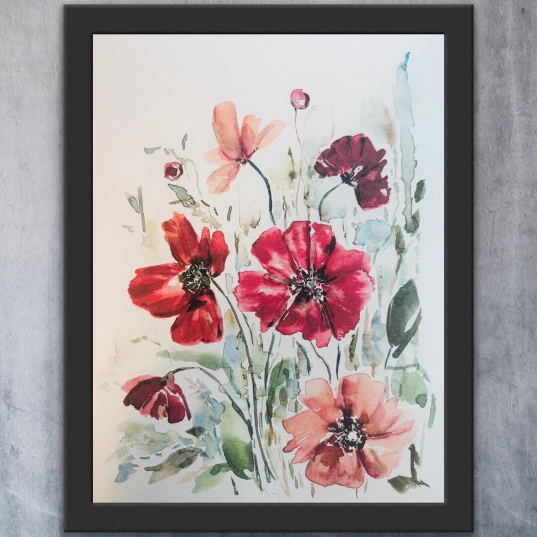 Soft Red Pink Watercolor Florals, Romantic Cottage Core Decor Print ...