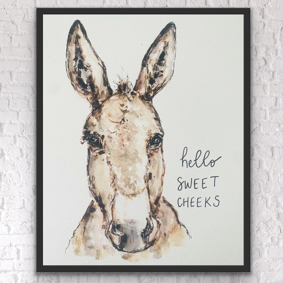 Watercolour Donkey Hello Sweet Cheeks Print, Bathroom Donkey Art ...