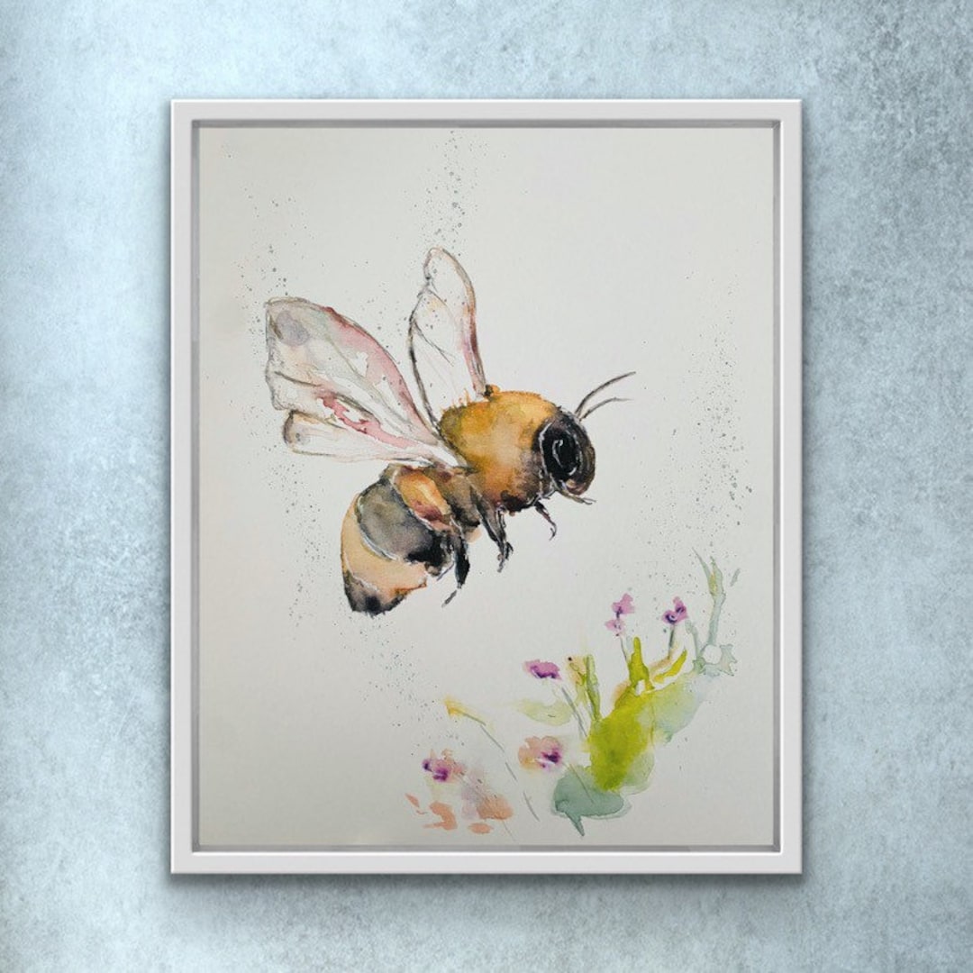 Watercolour Bee and Flowers Art Print, Cheerful Bumblebee Flying Over ...