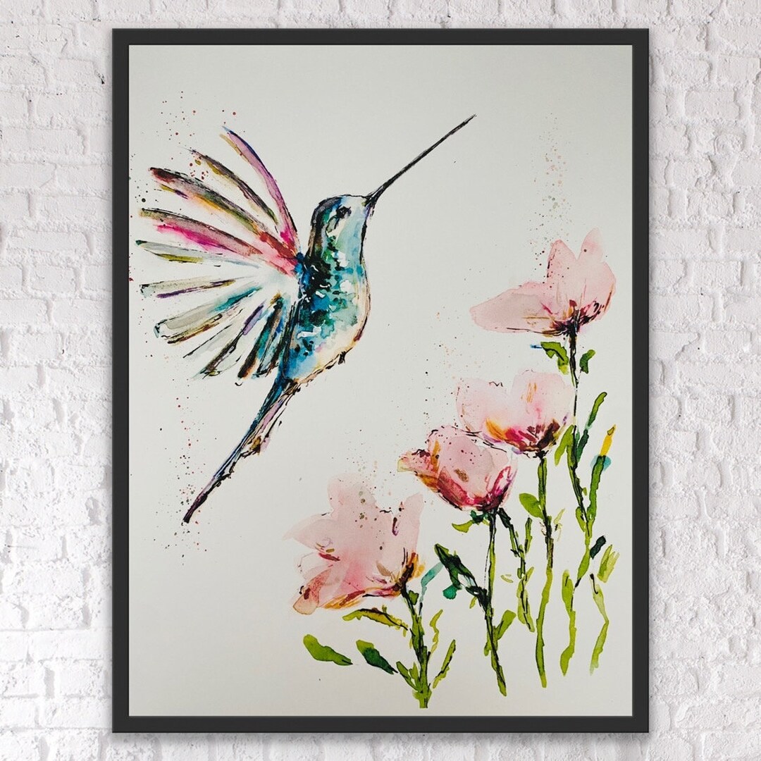 Hummingbird and Pink Florals Watercolor Print, Blue Colourpop Flying ...