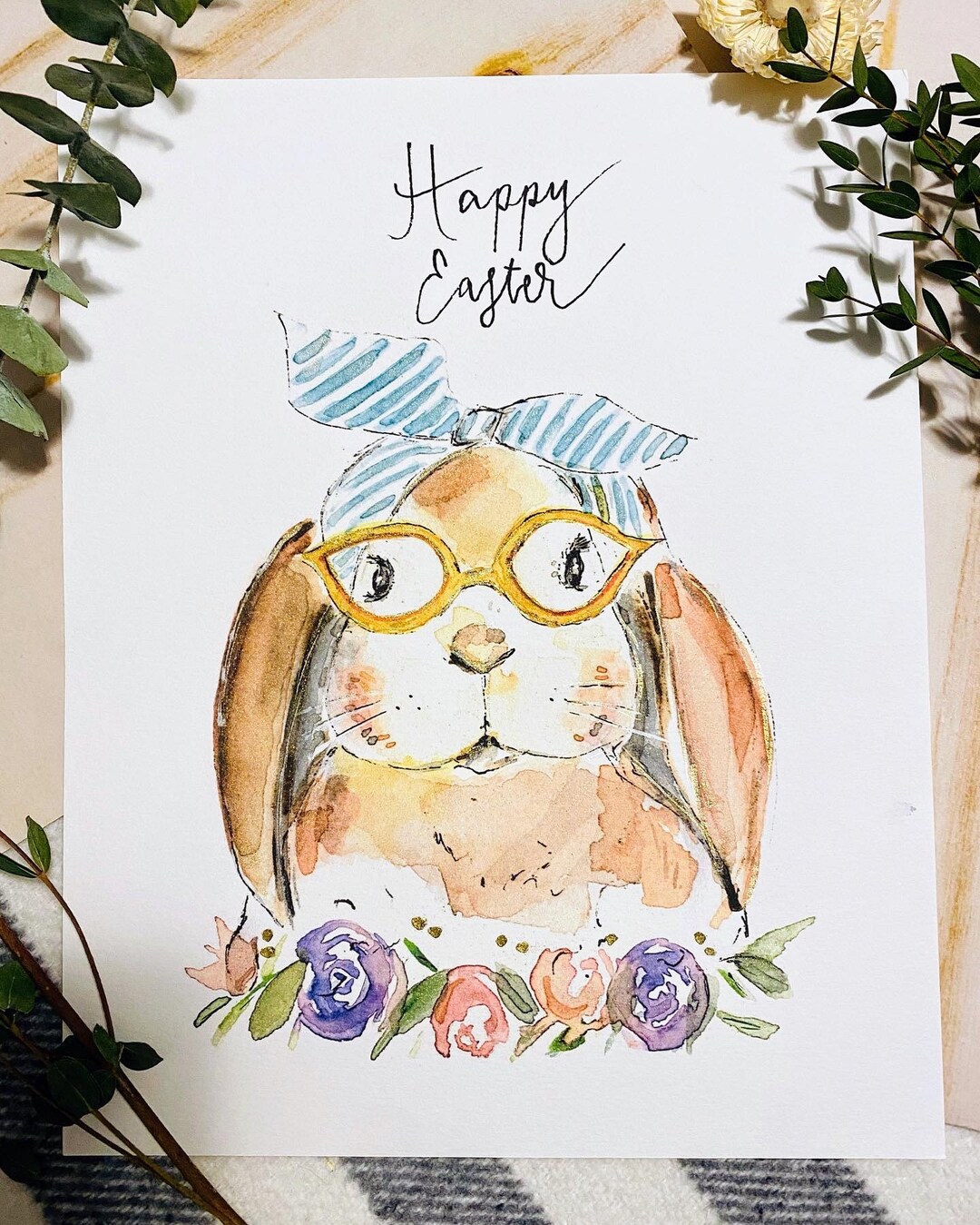 Happy Easter Watercolour Bunny Sign, Watercolour Bunny With Glasses and ...