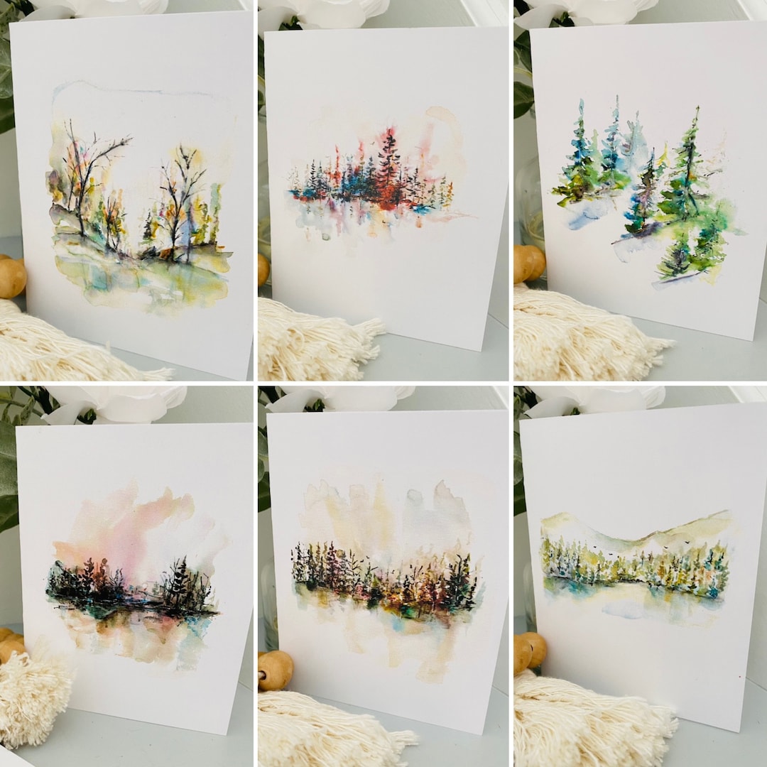 Blank Watery Rows of Trees Watercolour Greeting Cards, Abstract Nature ...
