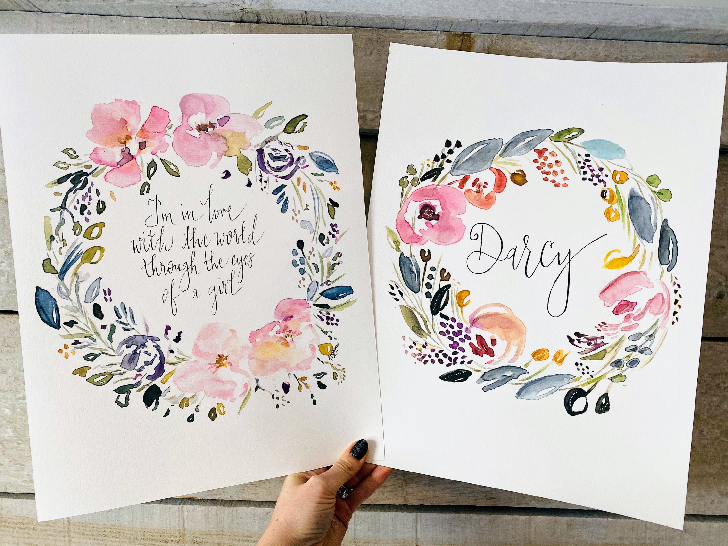 Personalized Watercolour Name Floral Wreaths, Custom Name Floral ...