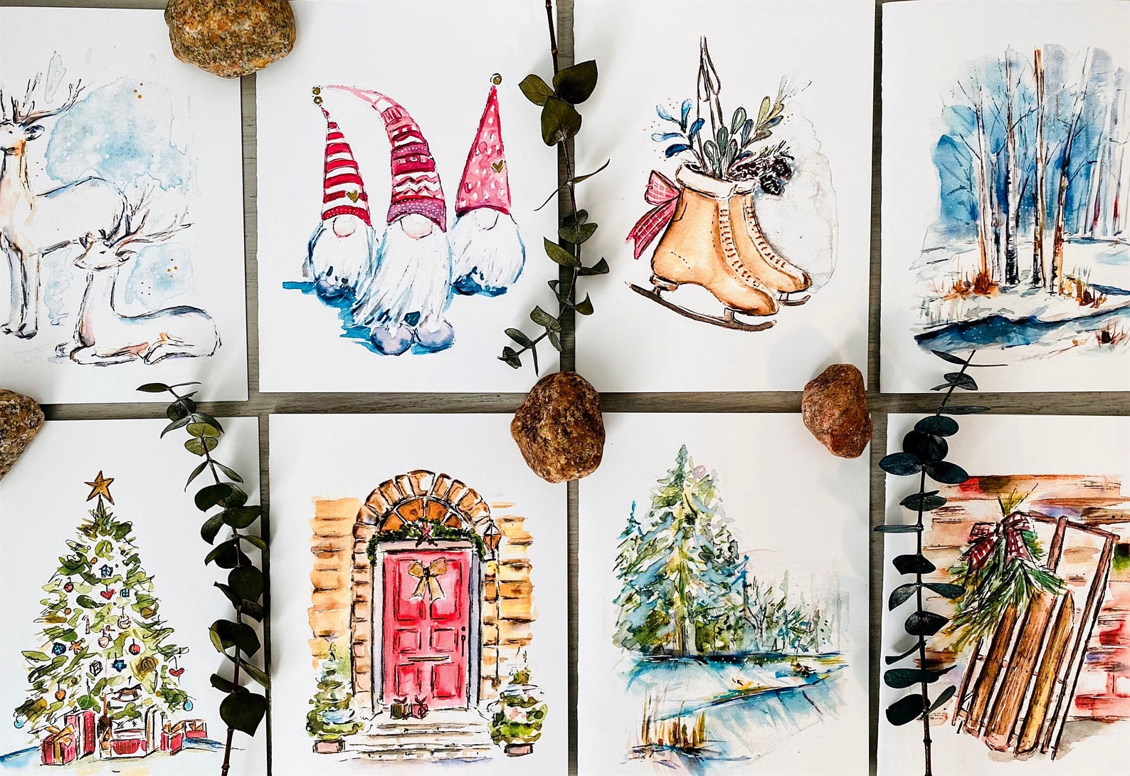 Package of 8 Watercolour Blank Christmas Cards, No Words Holiday Cards ...