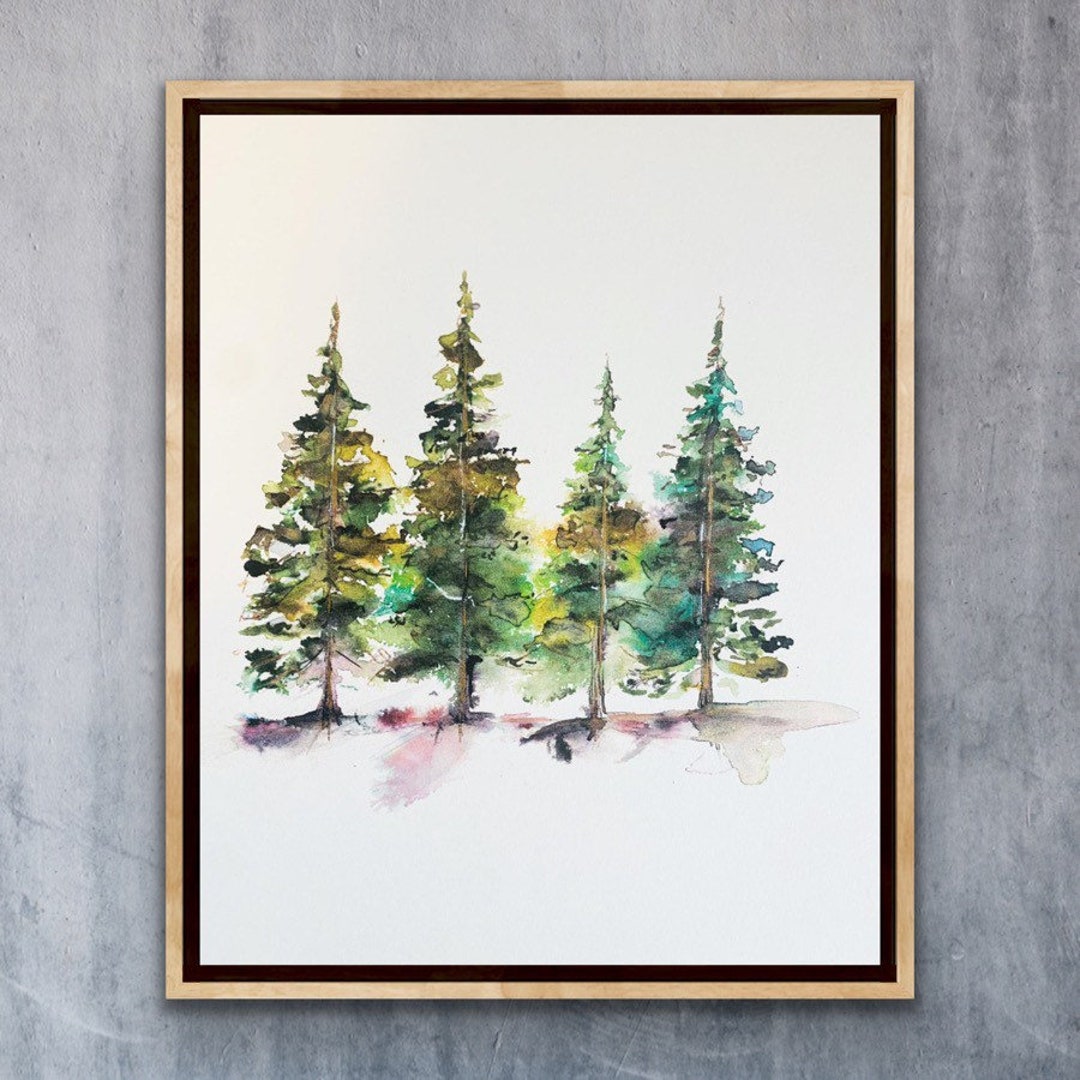 Four Abstract Pine Trees, Family of Four Watercolour Trees, Colourful ...