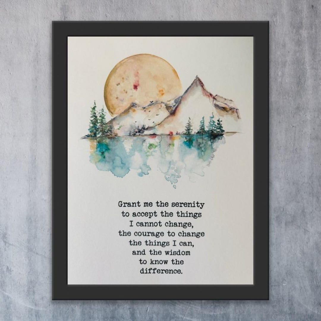 Serenity Prayer Moon Mountain Trees, Grant Me the Serenity Watercolour ...