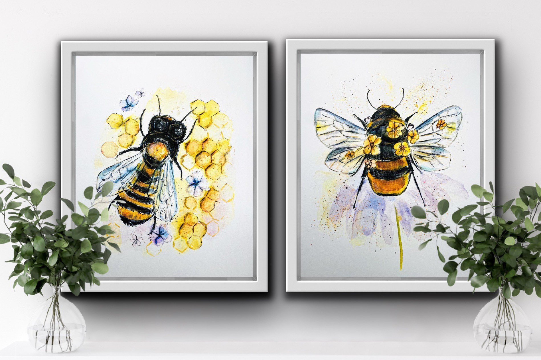 Bumblebee Watercolour Floral Print, Bumblebee Flower Design Wall Art ...