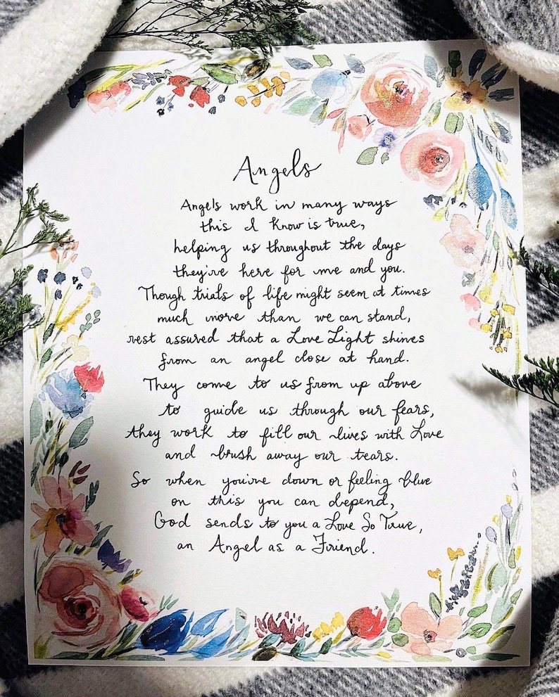 An Angel Poem Print, Watercolour Floral Angel Grief Print, With ...