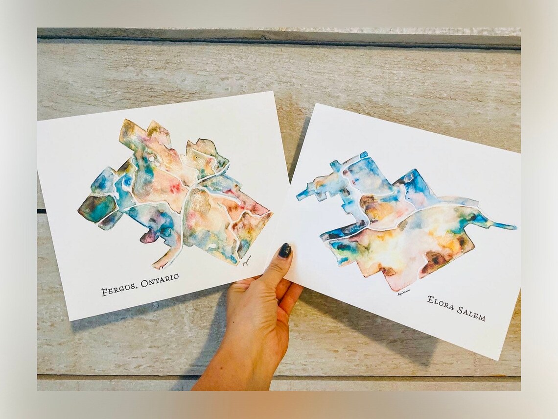 Map of Elora Print, Map of Fergus Print, Watercolour Map of Fergus and ...