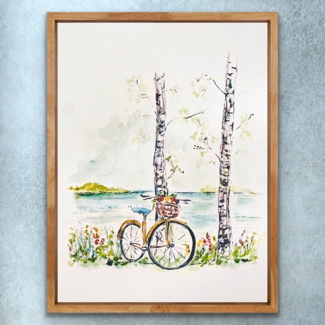 Floral Vintage Bike, Lake Birch Tree Old Bike Art, Country Cottage Bike ...