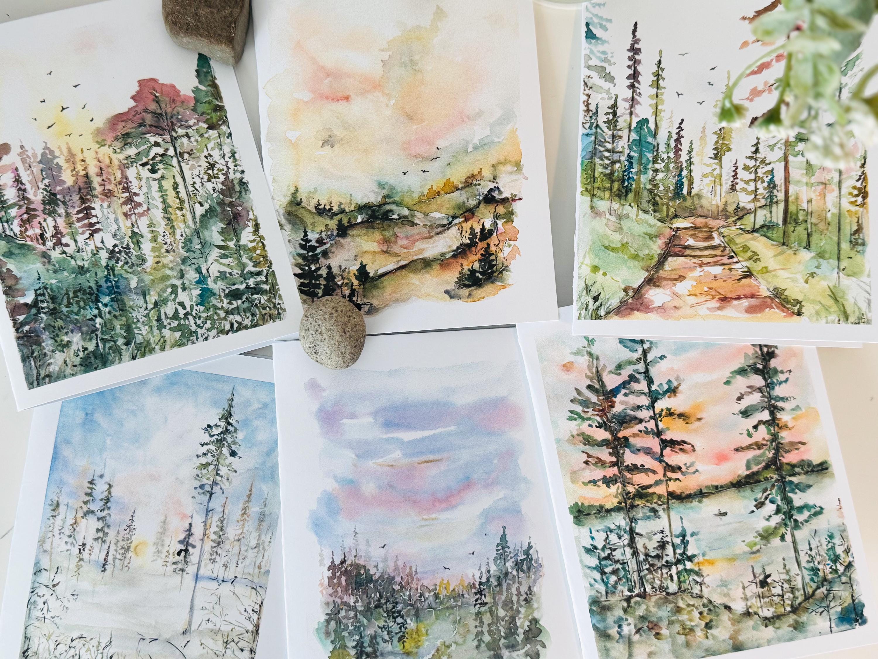 Dreamy Forest Art Cards, Pack of 6 Dreamy Watercolour Tree and Lake ...