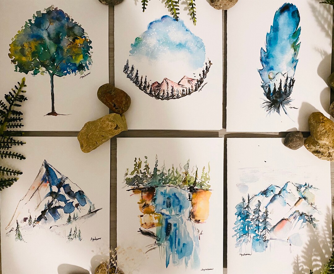 Nature Lovers Mountain Cards, Pack of 6 Watercolour Tree and Mountain ...