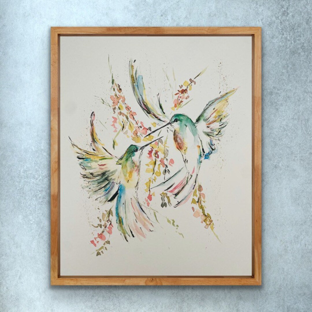 Two Flying Artsy Hummingbirds, Watercolour Rainbow Hummingbirds Flying ...