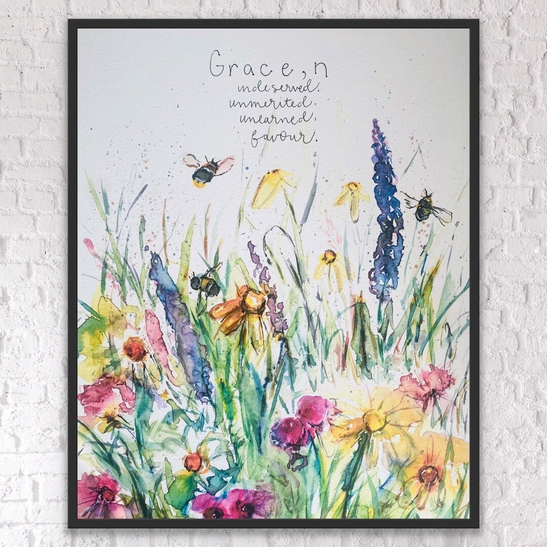 Grace Definiton Print, Grace Wildflowers and Bees Watercolor Print ...