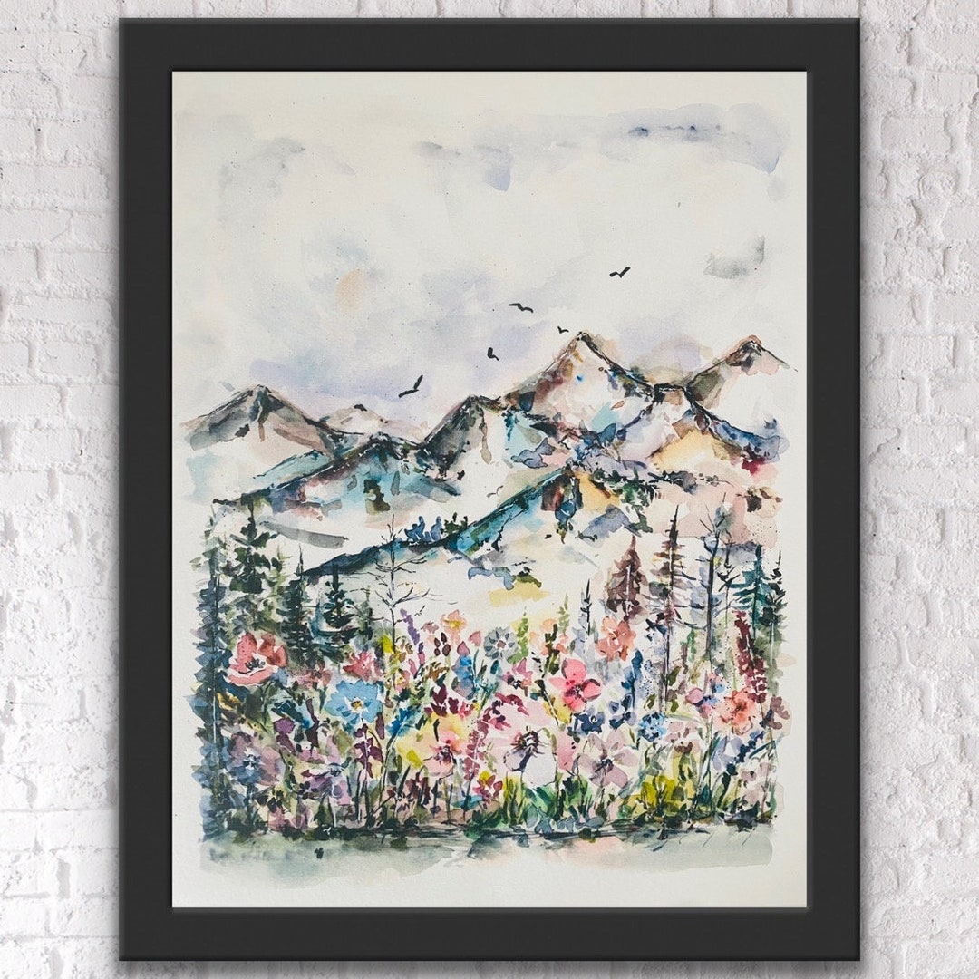 Watercolour Boho Mountain and Flowers Wall Art, Colourpop Mountain ...