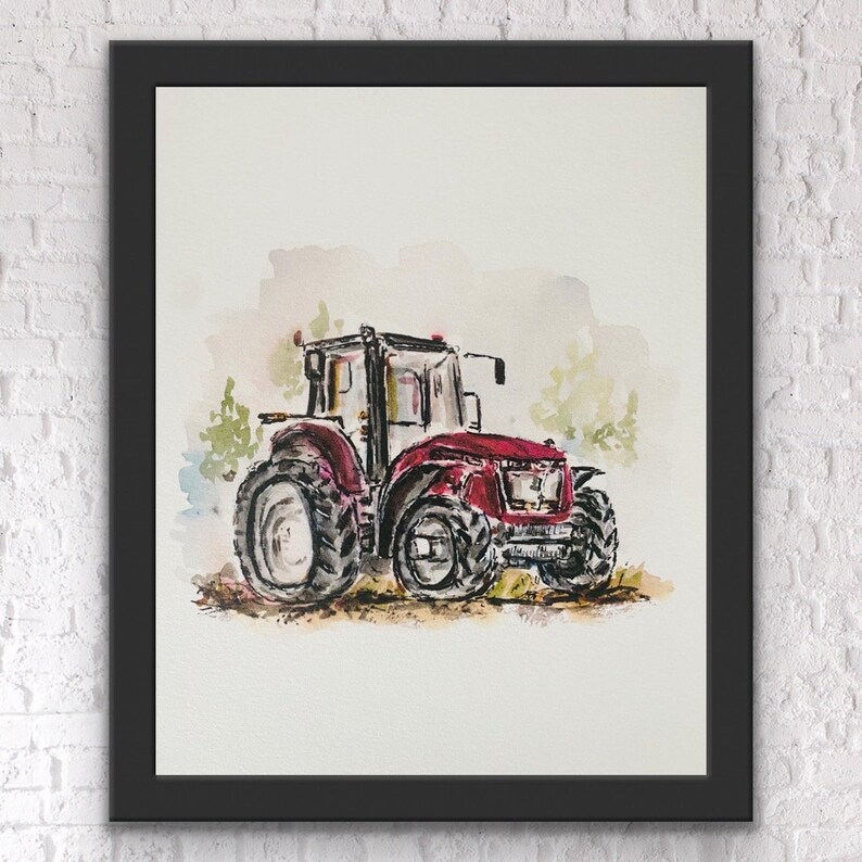Red Farm Tractor, Watercolor Red Massey Tractor Machine Print ...
