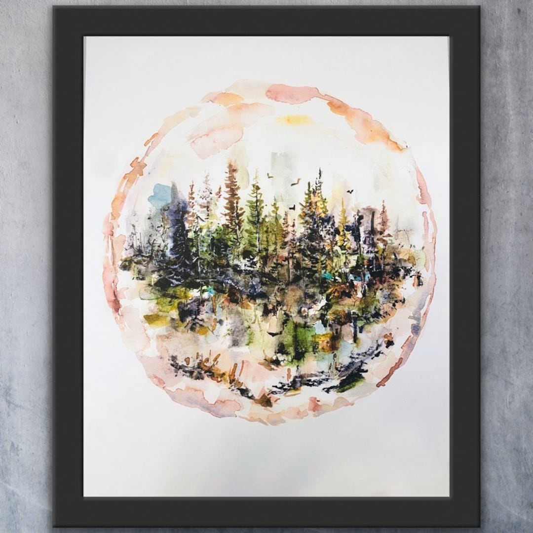 Circular Forest Watercolor Art, Moody Trees Forest Design, Enchanted ...