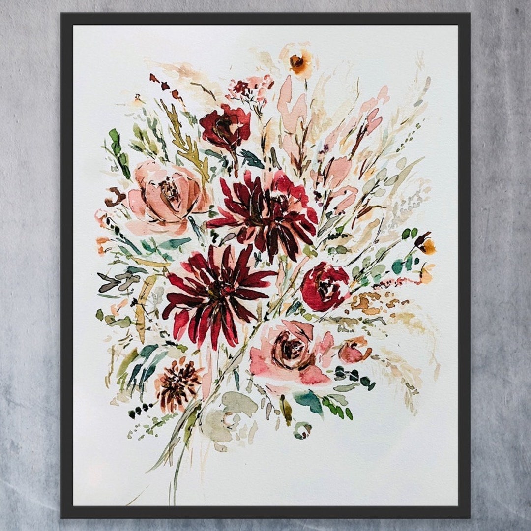 Boho Wispy Bouquet Burnt Red Florals, Watercolour Burgundy White Floral ...