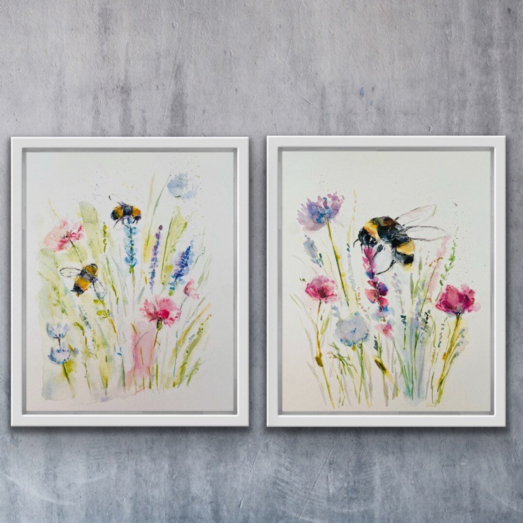 Matching Bumblebee Watercolour Prints, Two Bumblebee and Watery Pink ...