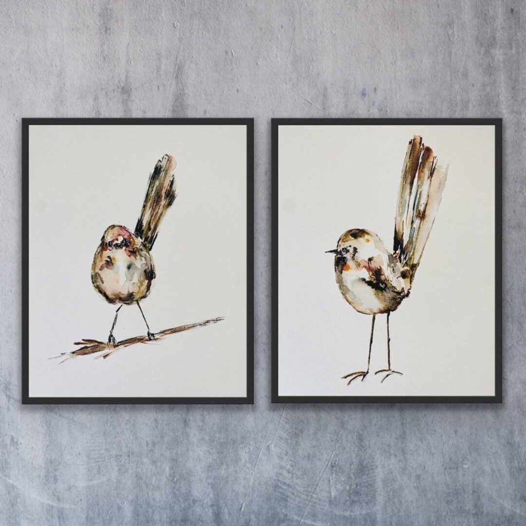 Two Whimsical Neutral Birds Copper and Golds Watercolour Bird - Etsy Canada