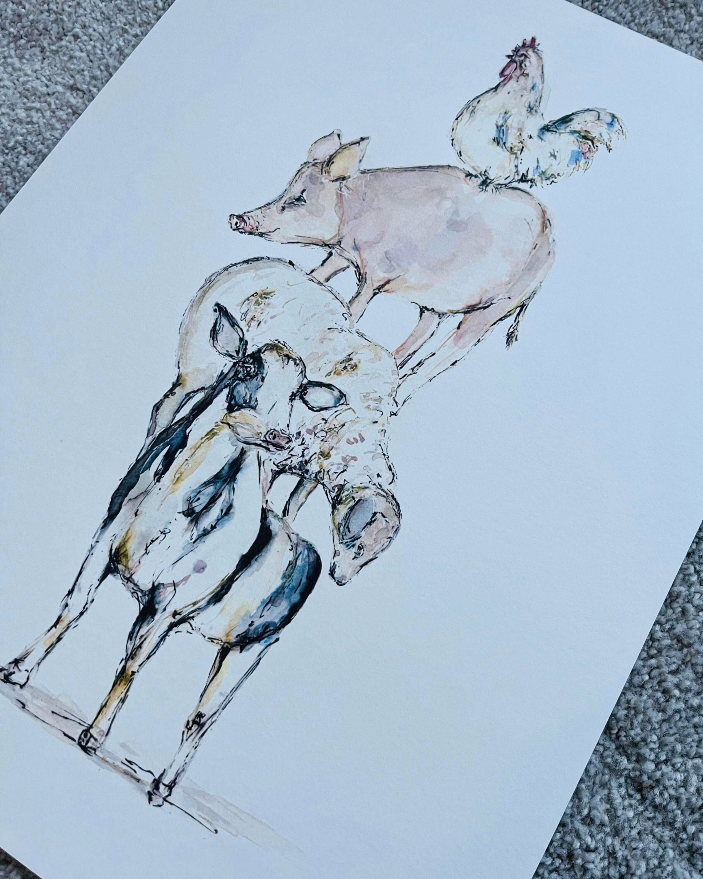 Stacked Animals Watercolour Print, Cow Sheep Pig Rooster Watercolour ...