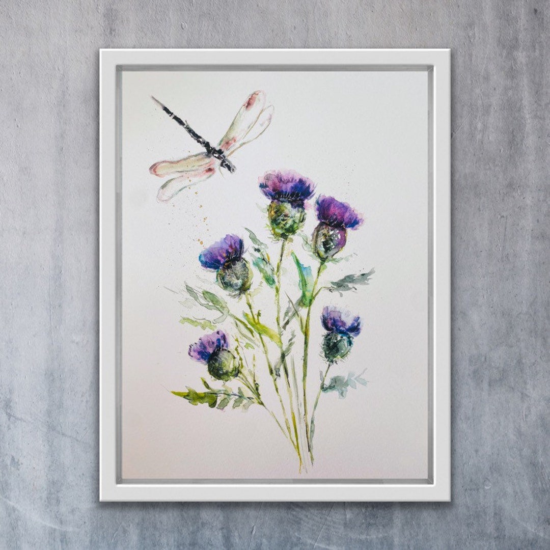 Scottish Thistle and Dragonfly Watercolour Print, Florals and ...