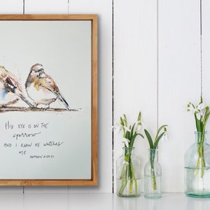 His Eye is on the Sparrow Watercolour Bird Print, Two Sparrows and ...