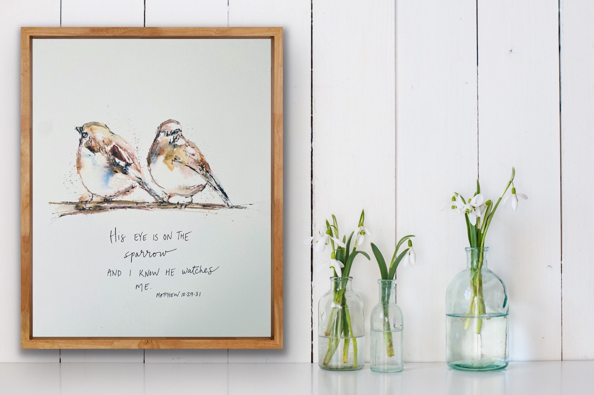 His Eye is on the Sparrow Watercolour Bird Print, Two Sparrows and ...