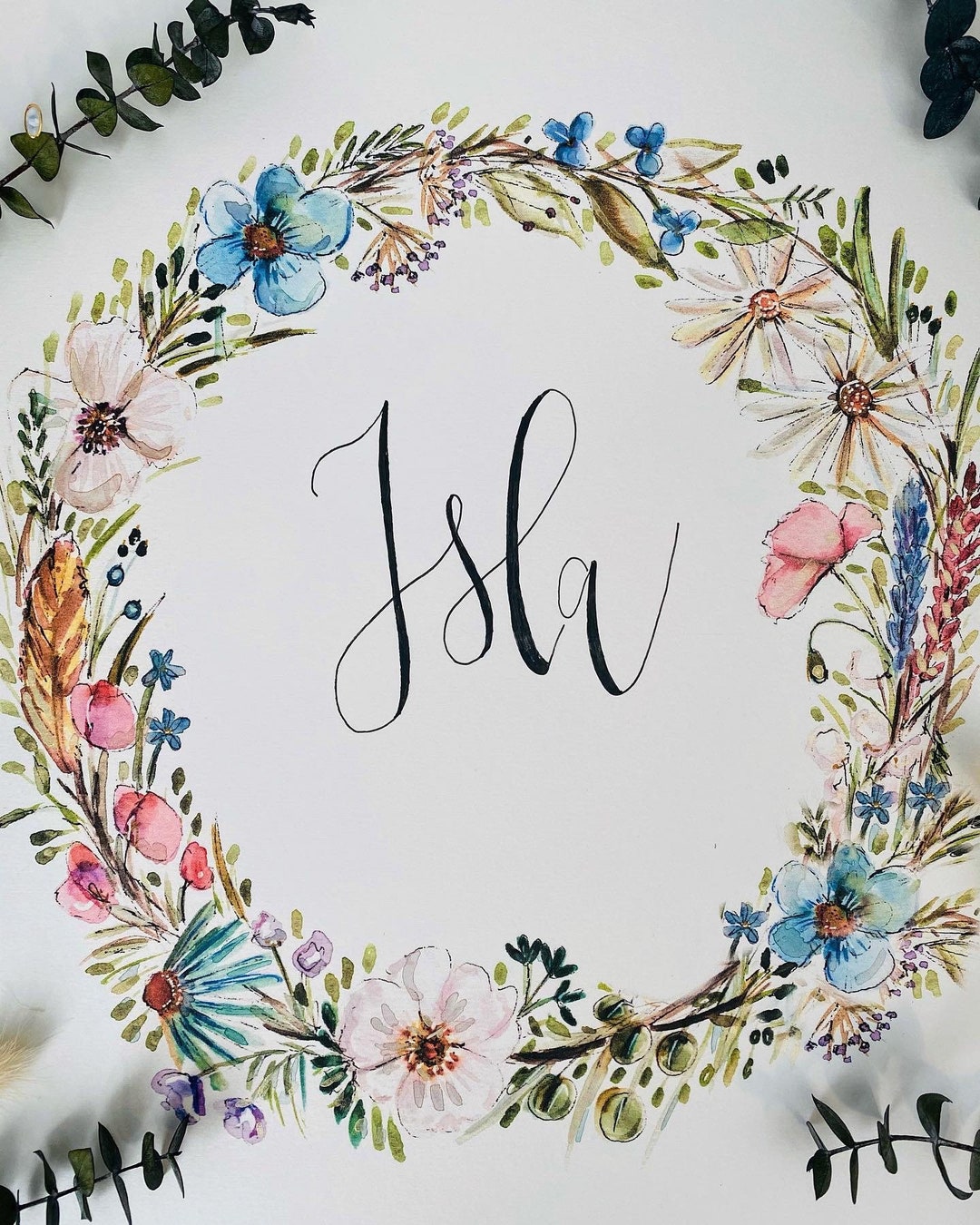 Personalized Watercolour Name Floral Wreaths, Custom Name Floral ...