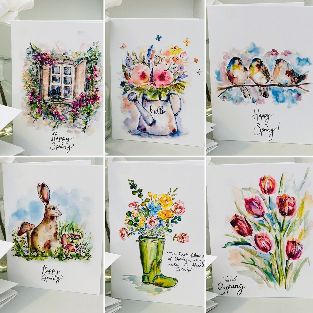 Happy Spring Cards, Hello Spring Watercolor Cards, Cute Spring Greeting ...
