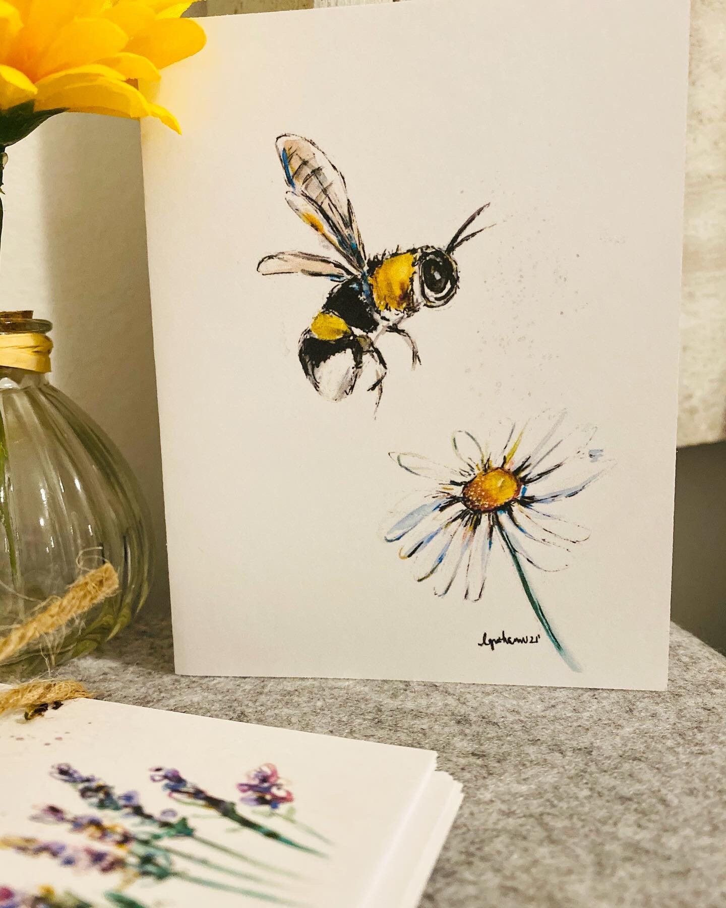 Assorted Bee Watercolour Cards, Sunflower Cards, Happy Bee Day Card ...