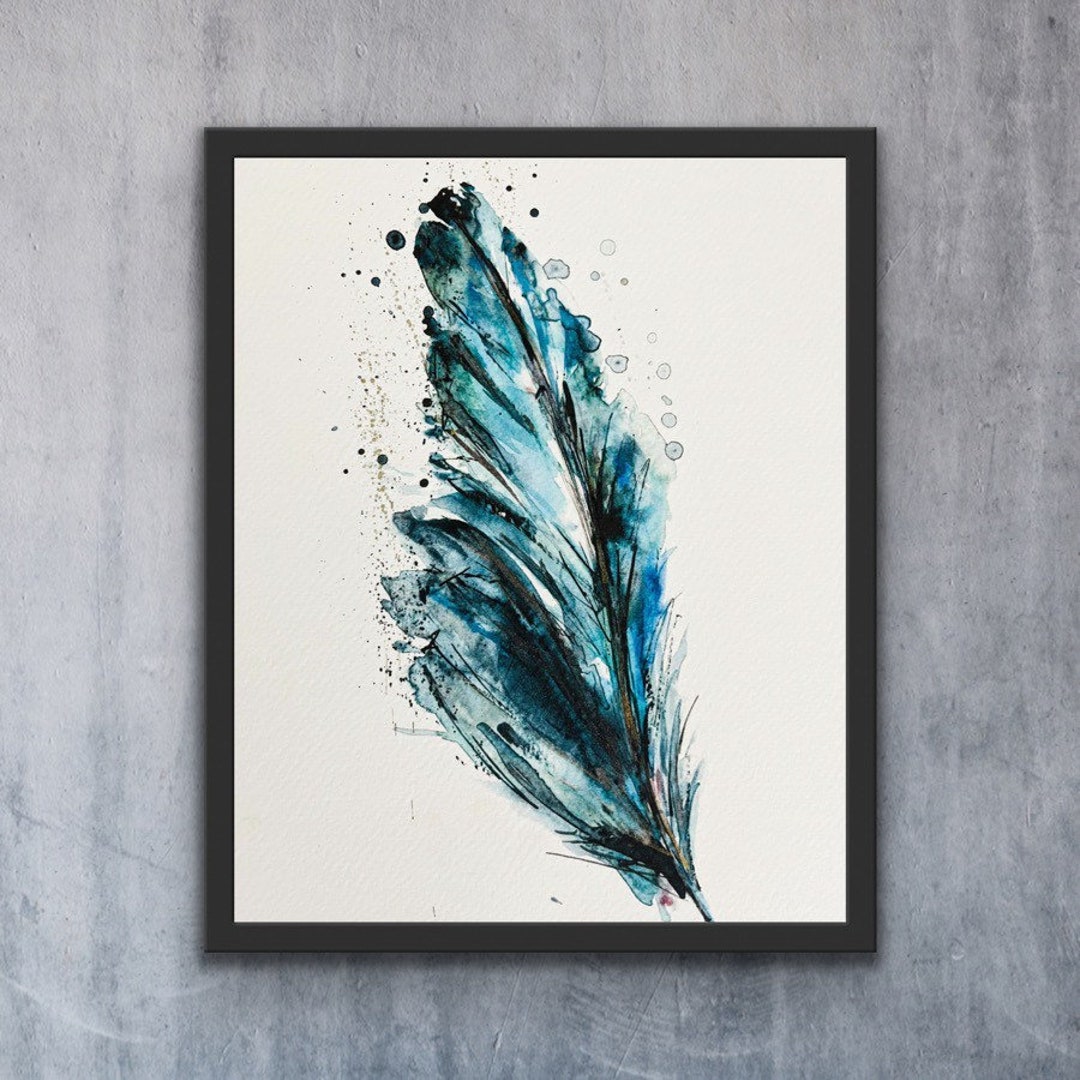 Single Abstract Blue Feather Print, Watercolour Feather Decor, Emerald ...