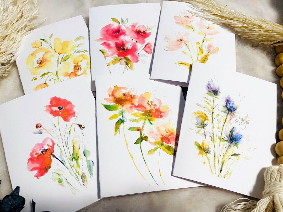 6 Pack Colourful Loose Floral Blank Cards, Loose Watercolour Floral ...