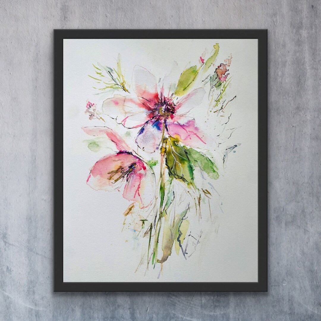 Elegant Watery Pink and Purple Floral Print, Floral Burst Art ...