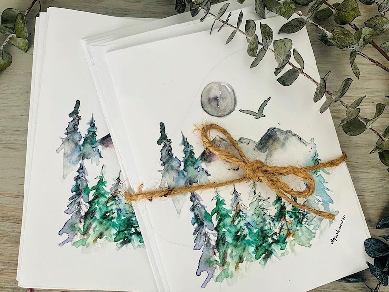 Forest Nature Blank Cards, Tree Paintings, Watercolor Forest Stationary ...