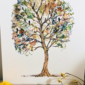 Whimsical Colourful Tree With Birds, Birds Perched in Tree Watercolour ...