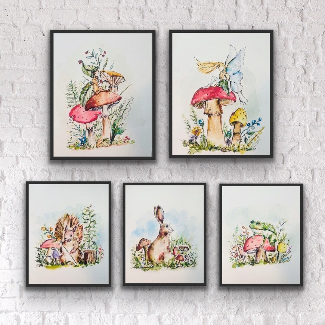 Set of 5 Whimsical Fairy Elf Bunny Toad and Squirrel Watercolor Prints ...