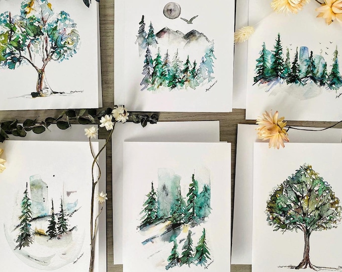 Forest Nature Blank Cards, Tree Paintings, Watercolor Forest Stationary ...
