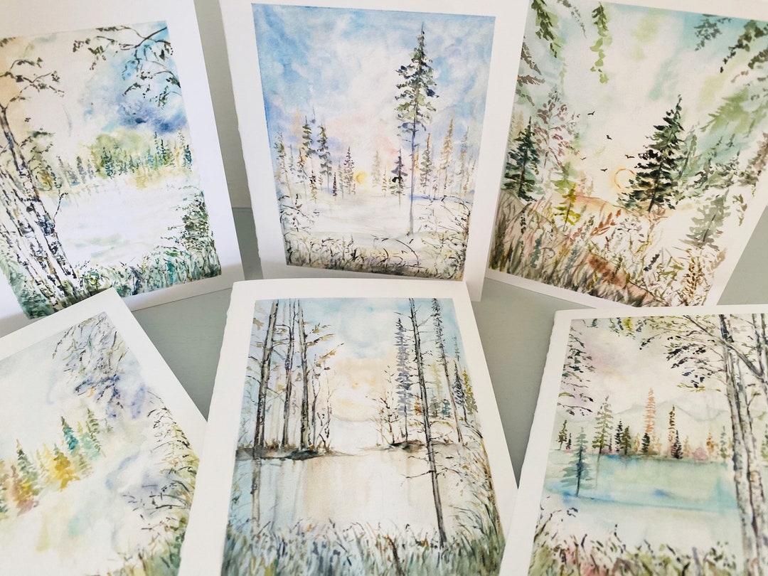 Dreamy Forest Art Cards, Pack of 6 Dreamy Watercolour Tree and Lake ...