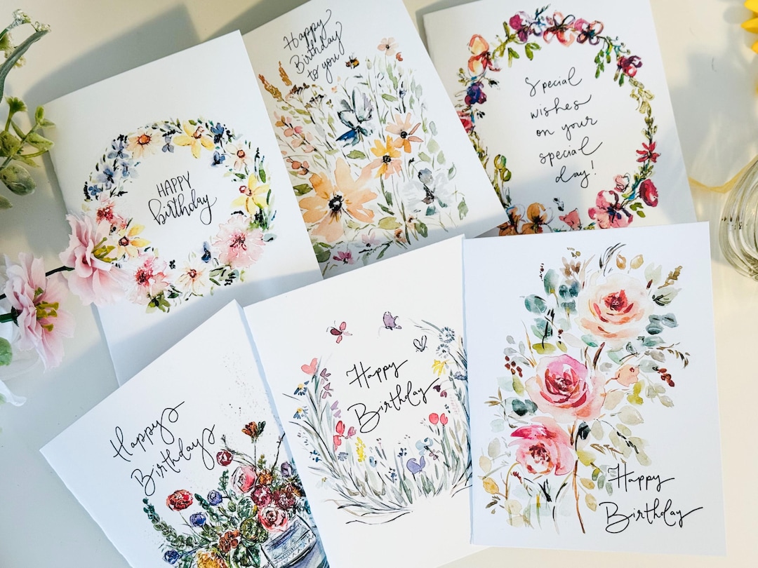 Birthday Watercolor Floral Cards, 6 Birthday Flower Designs and Wreaths ...