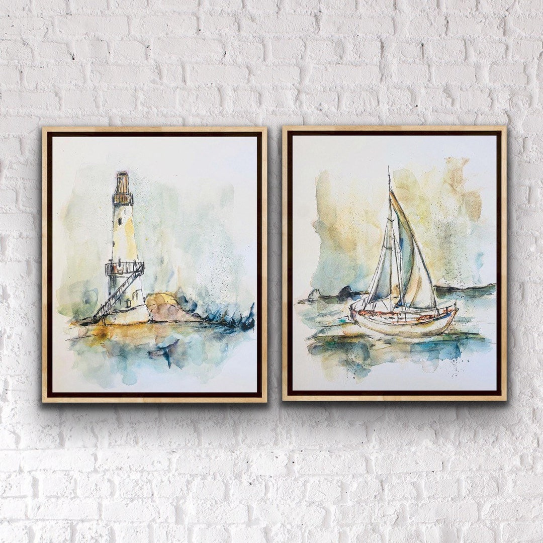 Nautical Themed Watercolour Ocean Prints, Lighthouse Sailboat and Water ...