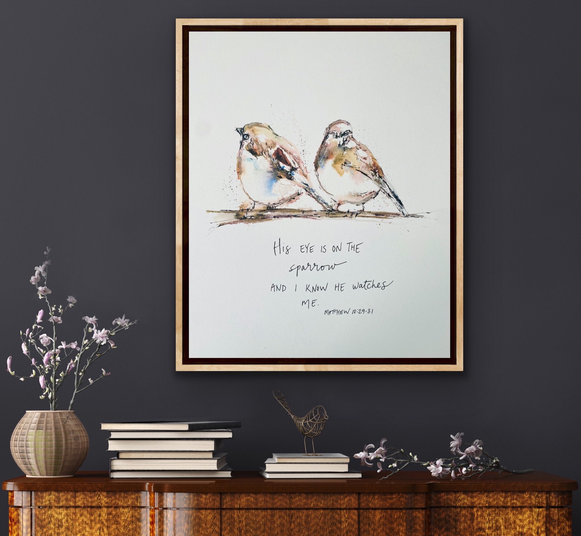 His Eye is on the Sparrow Watercolour Bird Print, Two Sparrows and ...