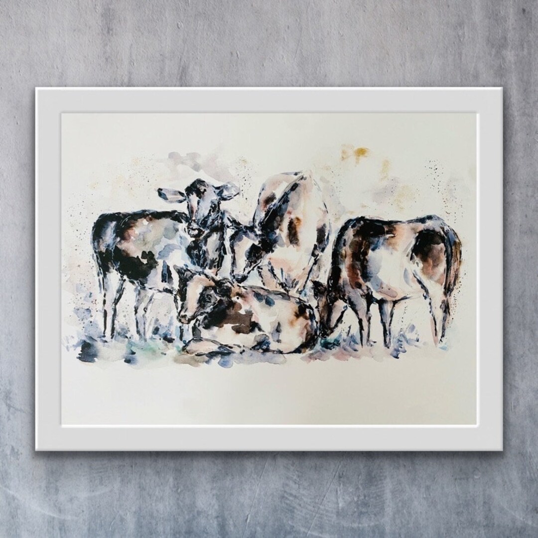 Cows in Field Print, Grouping of Holstein Cows Watercolor Painting ...