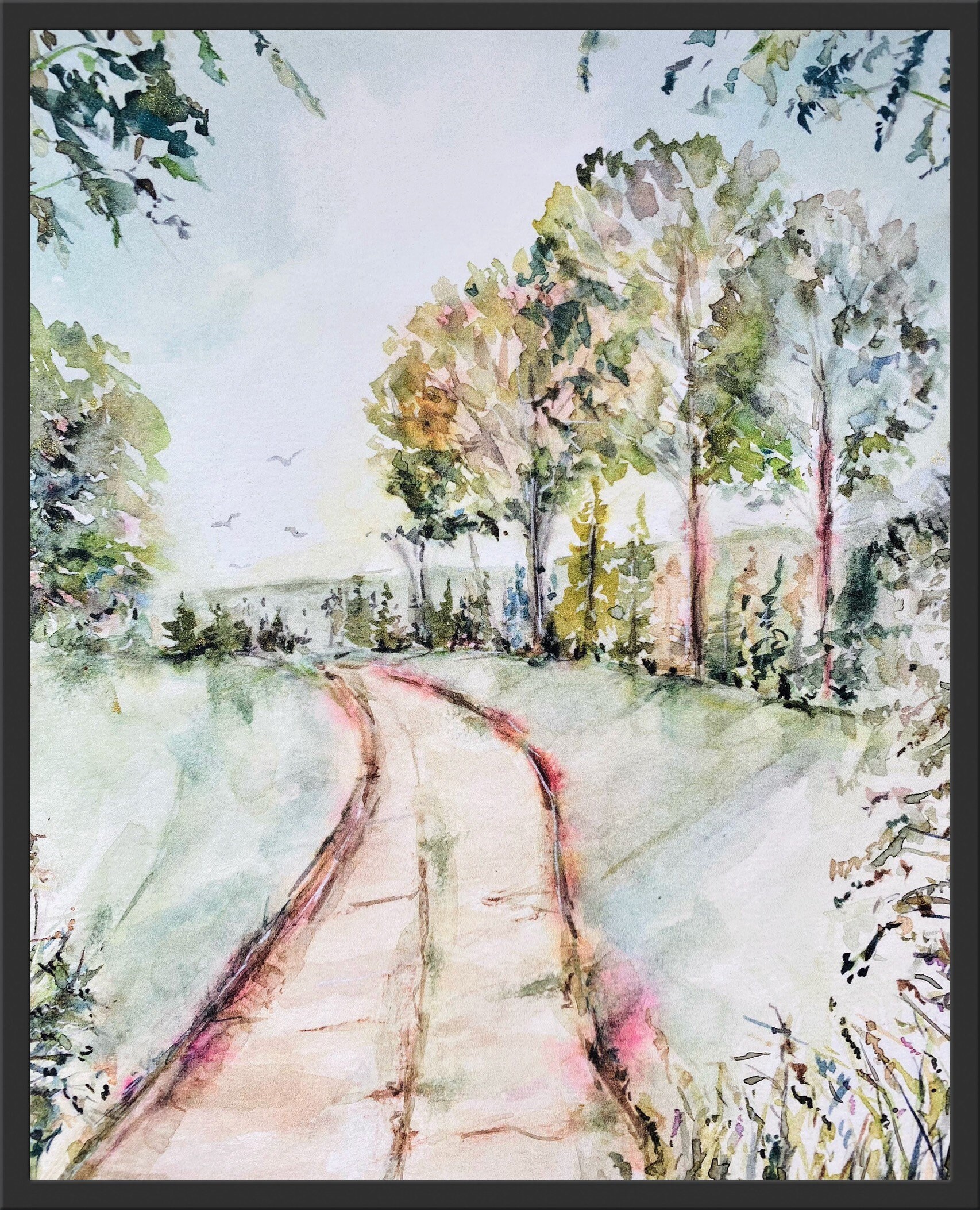 Watercolour Pathway With Trees Artwork, Tall Leafy Trees and Dirt Road ...