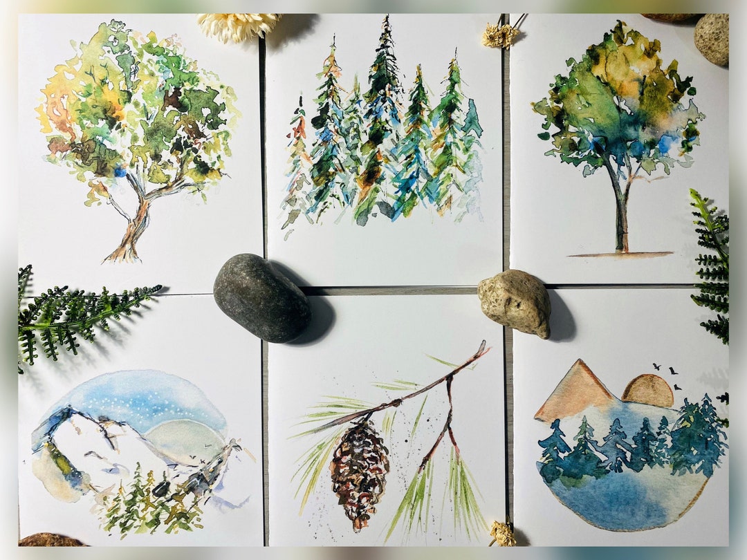 Watercolour Blank Nature Cards, Pack of 6 Abstract Scenery Cards, Tree ...