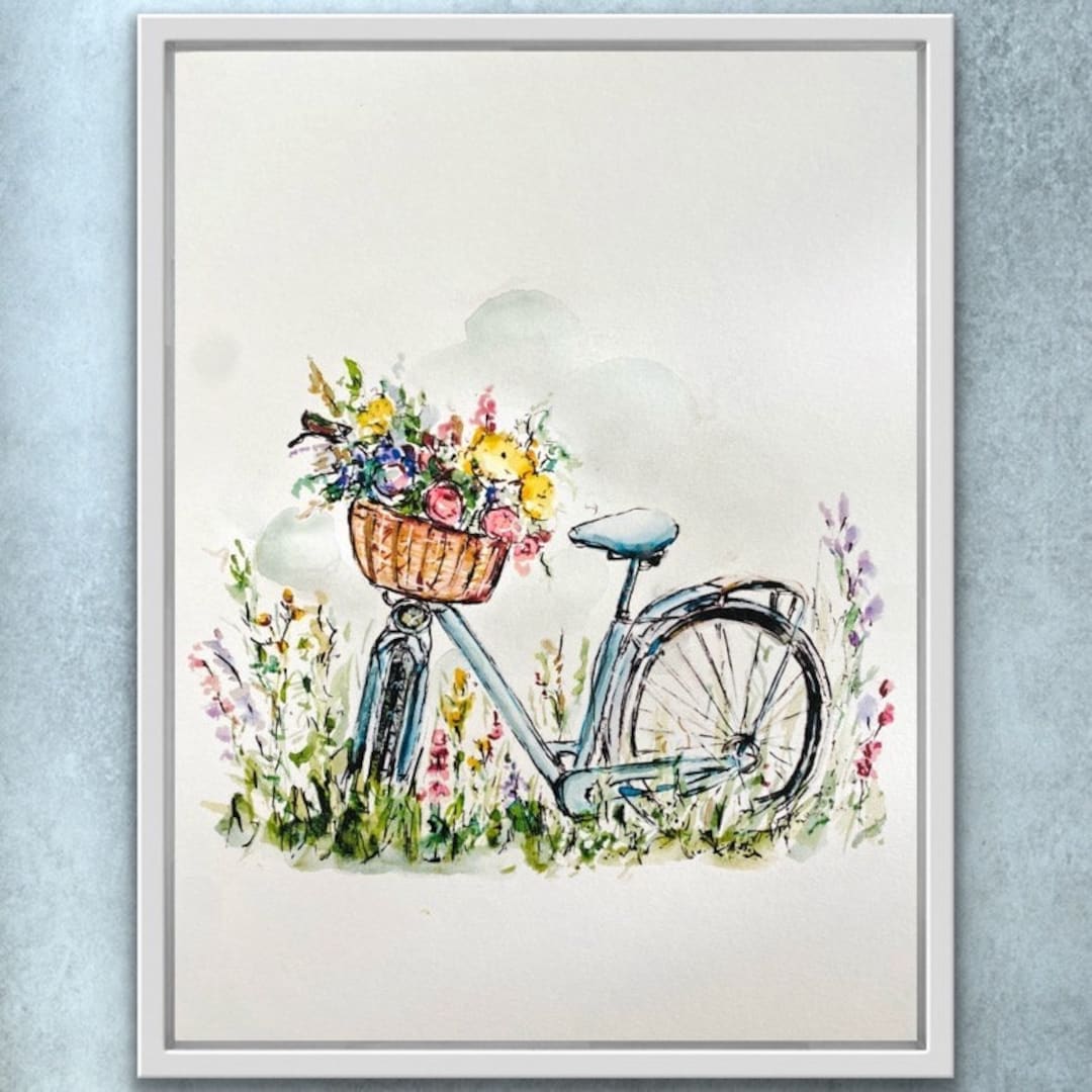 Floral Vintage Bicycle Drawing Print, Country Cottage Bike With Basket ...