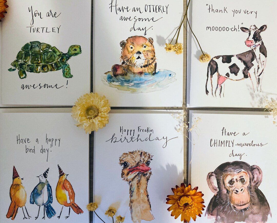 Silly Birthday and Thinking of You Bundle of Cards, Funny Watercolour ...