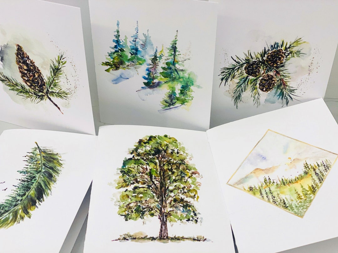 Nature Pack Cards, Pinecones and Trees Cards, Watercolour Forest ...