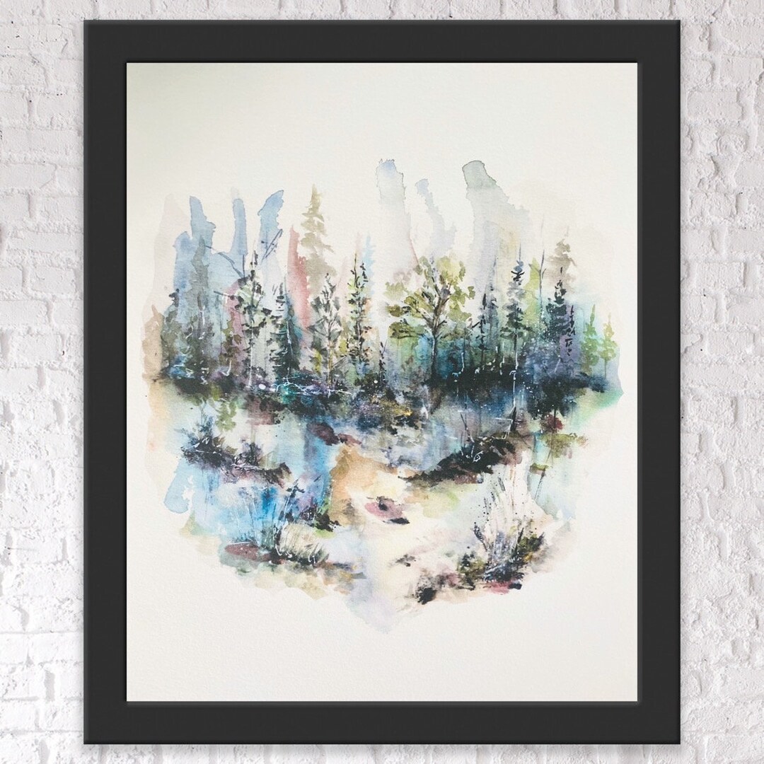Woods and Reflections Watery Tree Print, Watercolor Forest Rustic ...